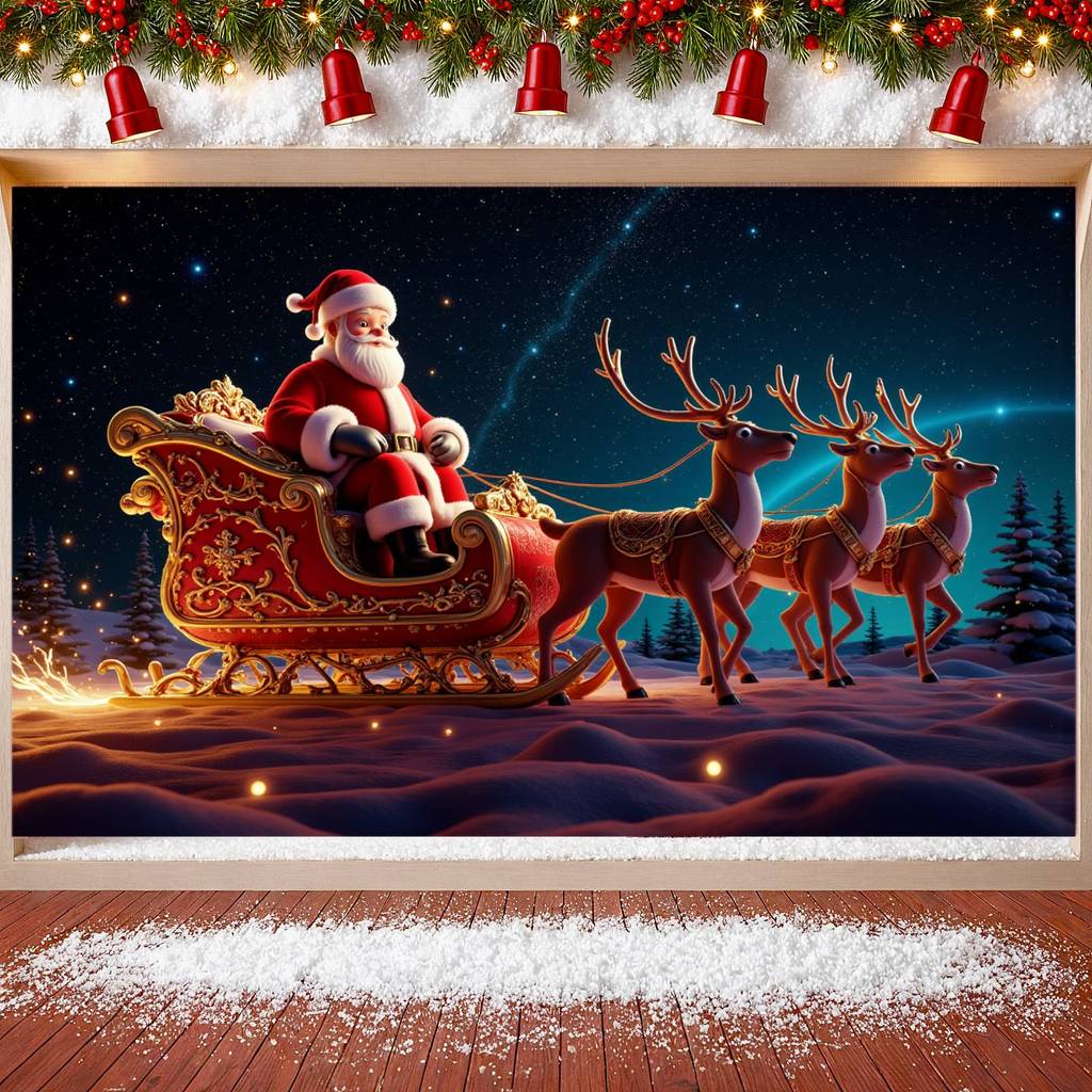 Large Christmas Banner, Santa Sleigh Deer Snowman Merry Christmas ...