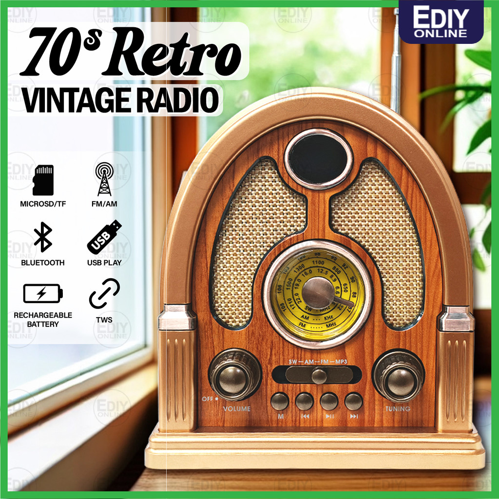 70s Retro Vintage Radio Rechargeable FM AM SW Speaker Bluetooth USB TF ...