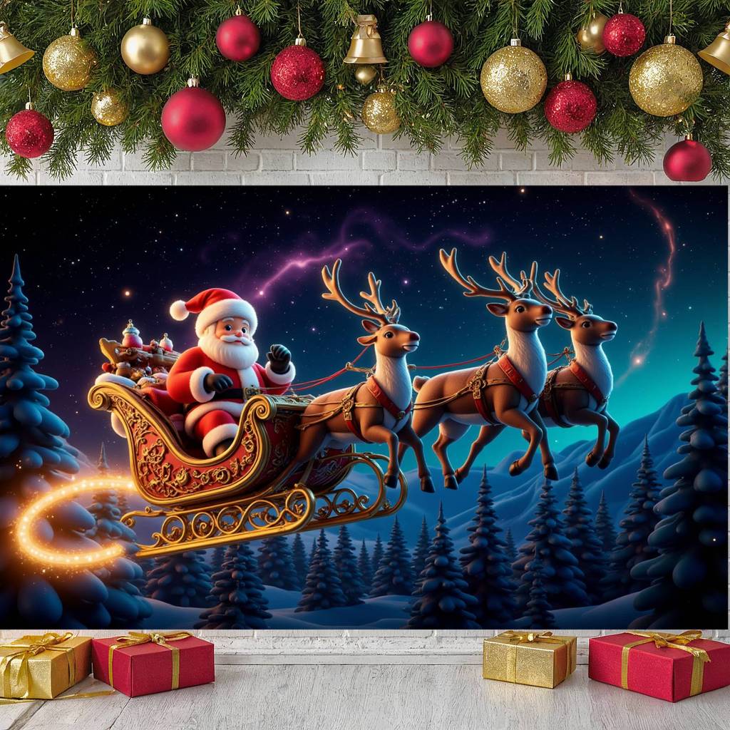 Large Christmas Banner, Santa Sleigh Deer Snowman Merry Christmas ...