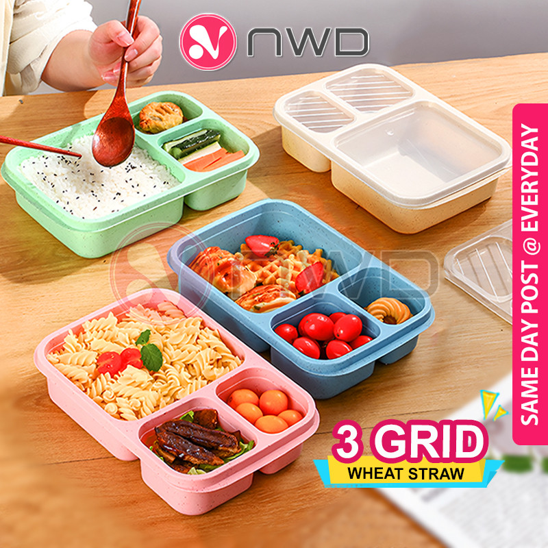 𝗚𝗥𝗔𝗜𝗡 𝗚𝗥𝗜𝗗 》3 Grids Wheat Straw Lunch Box Rectangle Food Storage ...