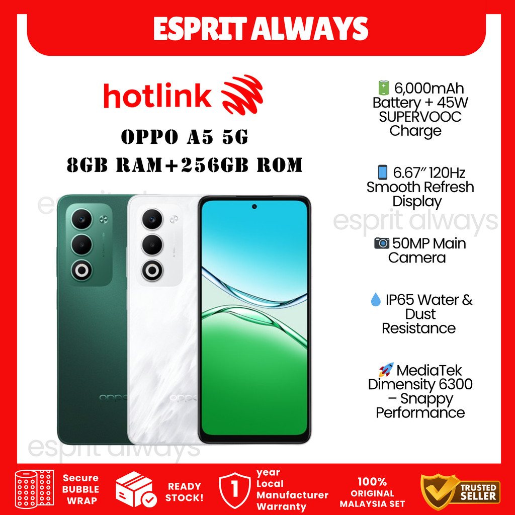 OPPO A5 5G Smartphone 8GB RAM+256GB ROM, Hotlink Postpaid 70 12-Month Contract Plan, Exclusive ...