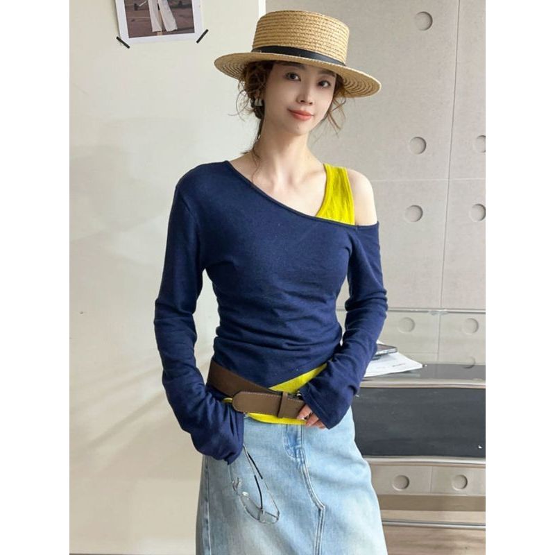 KEMEJA JelitaCeria Fake two-piece mask off-the-shoulder T-shirt ...