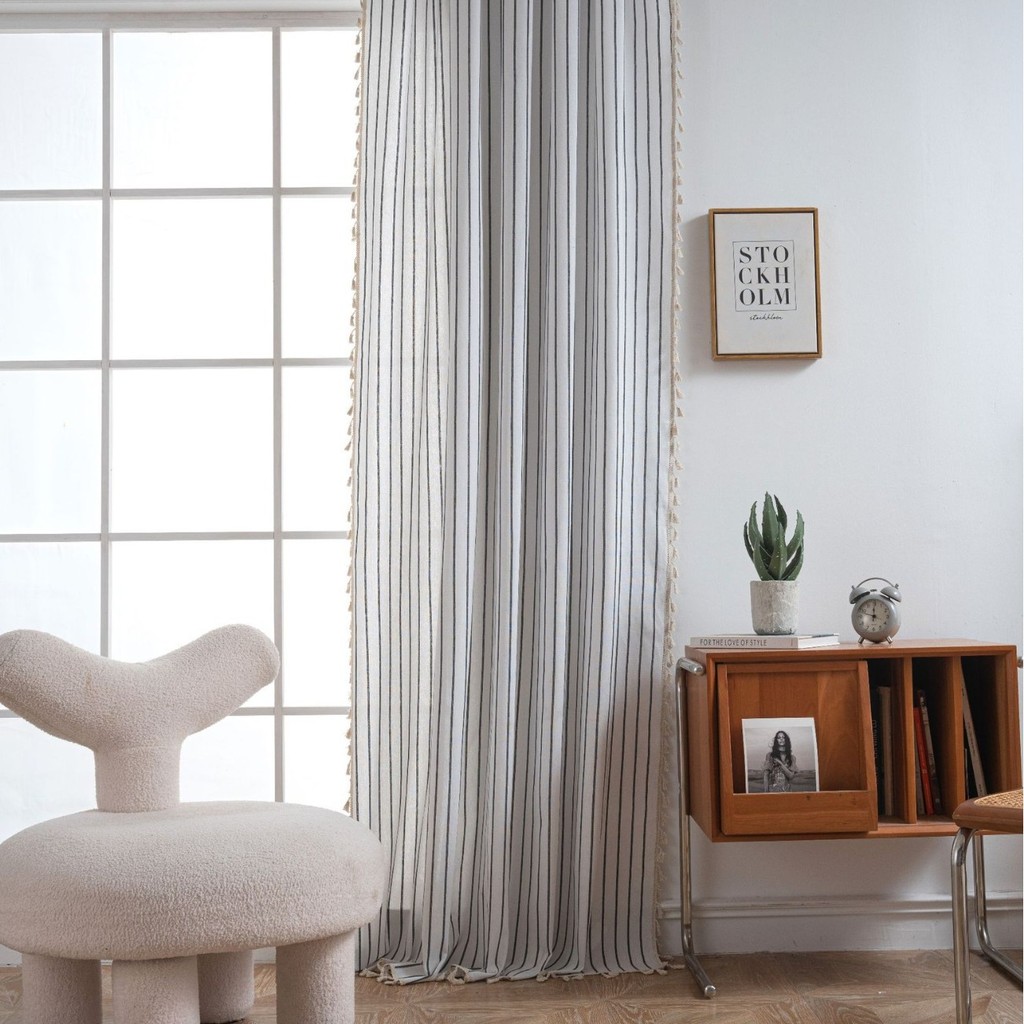 Gray White Thin Striped Cotton Linen Curtain with Tassels Grey White ...