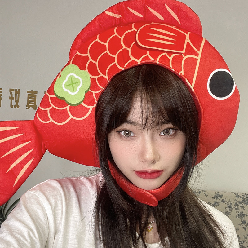 Japanese ins Cute Funny Fish Headgear Red Wishing Koi Hat Photo Photo ...