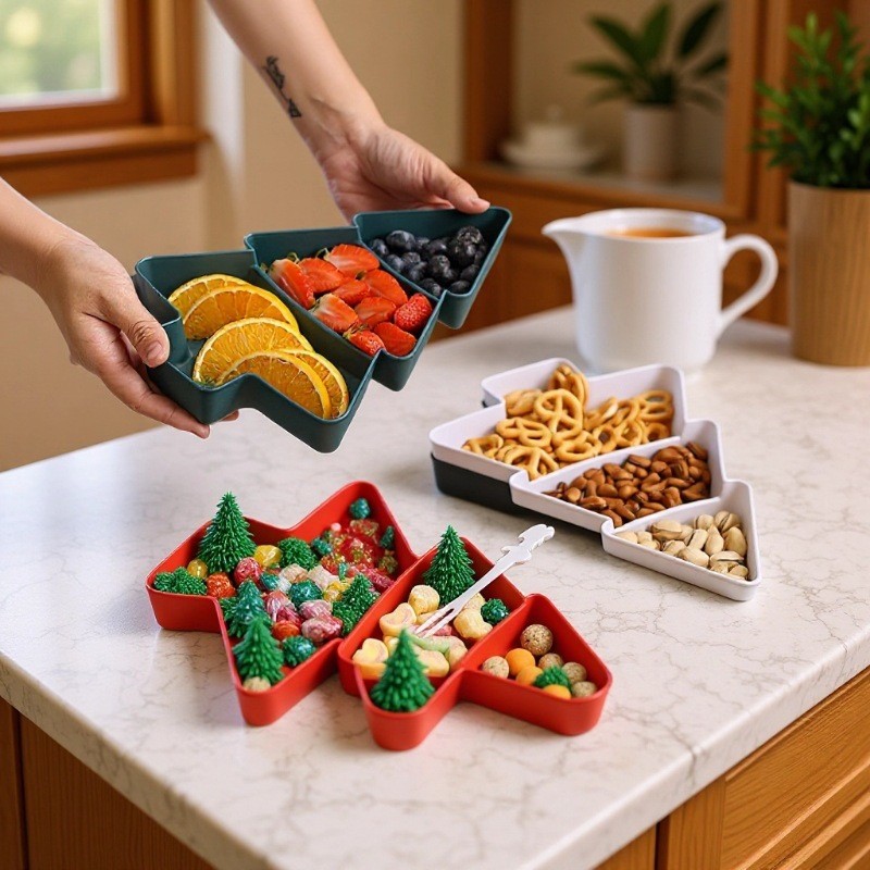Christmas Tree Shaped Snack Plates Reusable Divided Treat Tray For ...