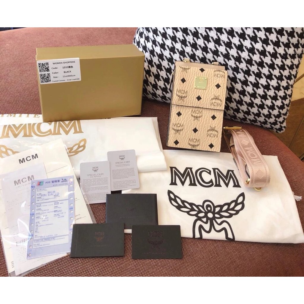 Beige#隆重推出代工厂正品MCM Classic Print LOGO Mobile Phone Messenger Bag with ...