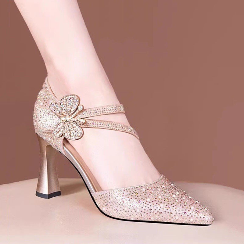 Fashionable Rhinestone Bow High Heels - Pointed Toe Straps | Shopee ...
