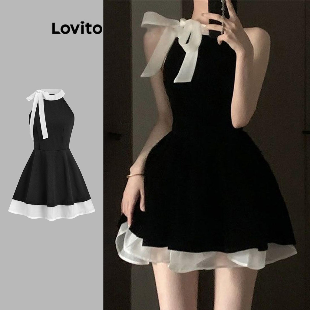 Lovito Casual Dress Plain Colorblock Lace Up Dress for Women LNM68402 ...