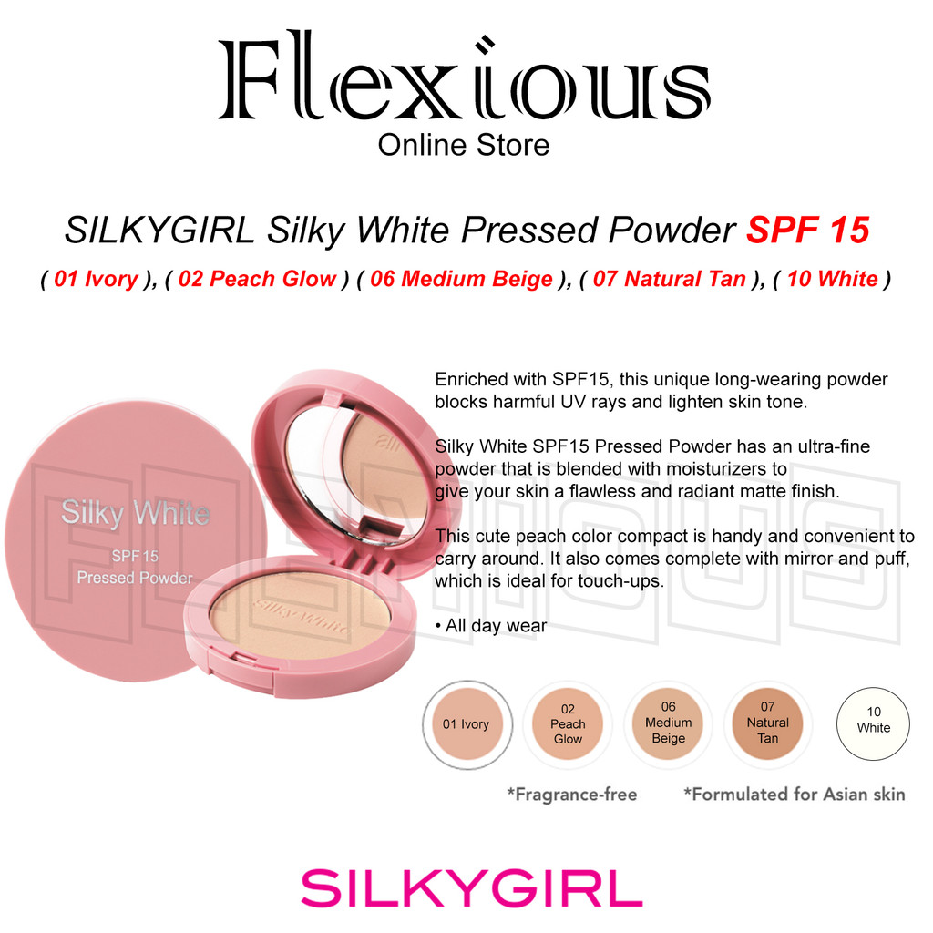 *SILKYGIRL* Silky White Pressed Powder SPF 15 (01 Ivory),(02 Peach Glow ...