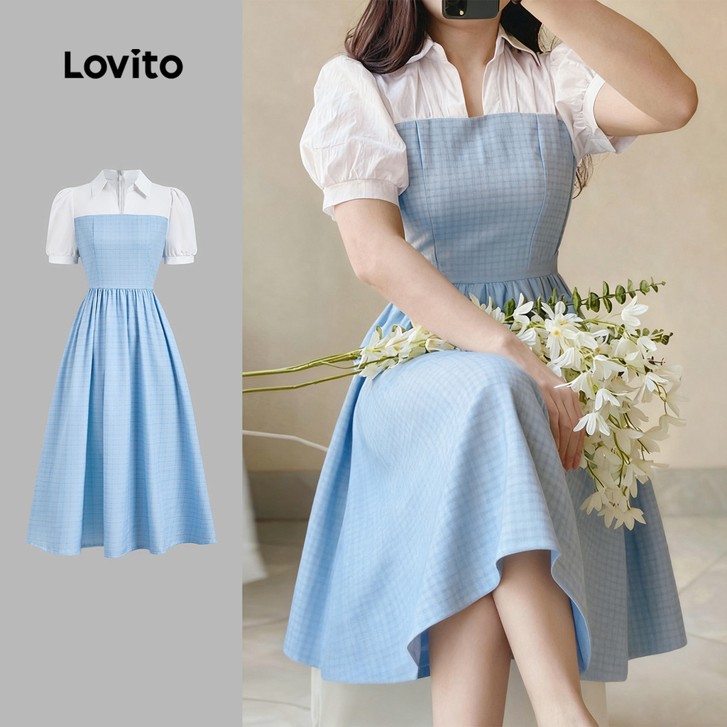 Lovito Casual Dress Colorblock Spring/summer Blue Dress for Women ...