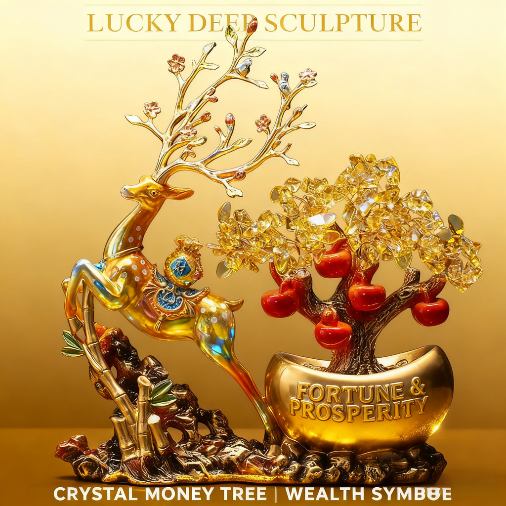 Auspicious Deer with Money Tree Ornament, Wealth-Attracting Bar Display ...