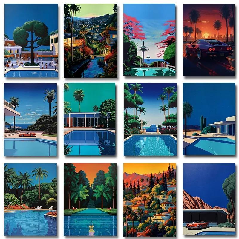 Hiroshi Nagai Jepun Kolam Pokok Palma Matahari Terbenam Ungu Poster ...