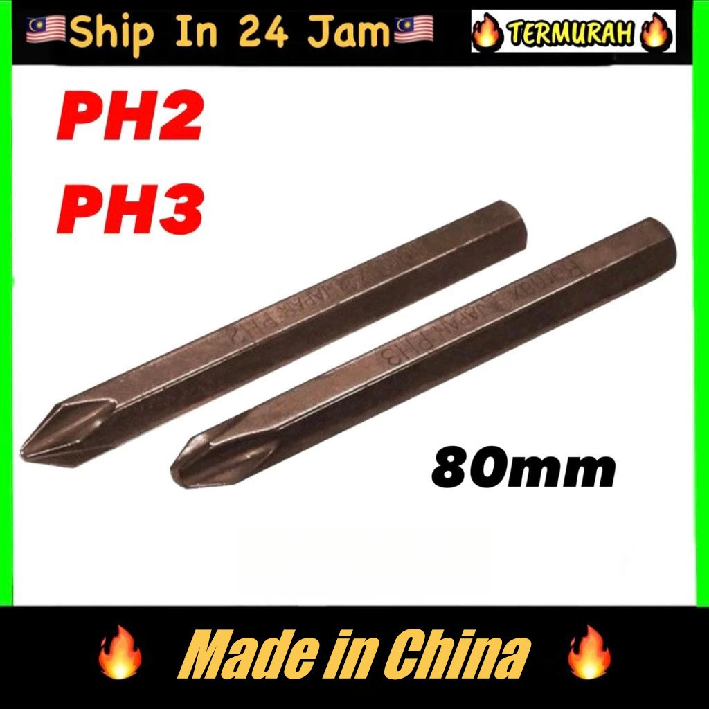 1PCS Heavy Duty S2 Magnetic Impact Driver Bit PH2 / PH3 X 80MM HALUS ...