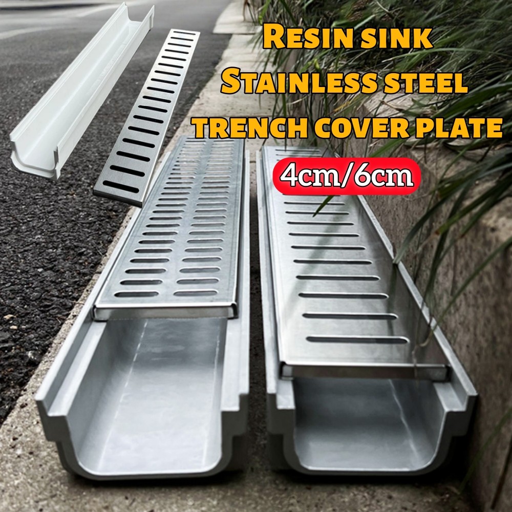 Gutter U-Shaped Washbasin Kitchen Drain Stainless Steel Cover + Resin ...
