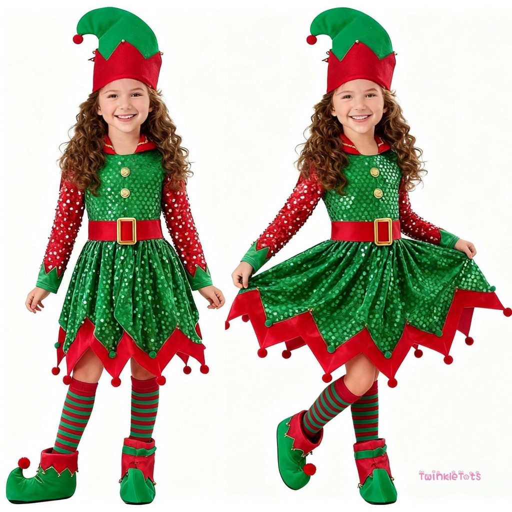 Twi-Kids Christmas Costumes Girls Boys Elf Costume Sequined Elf Dress ...