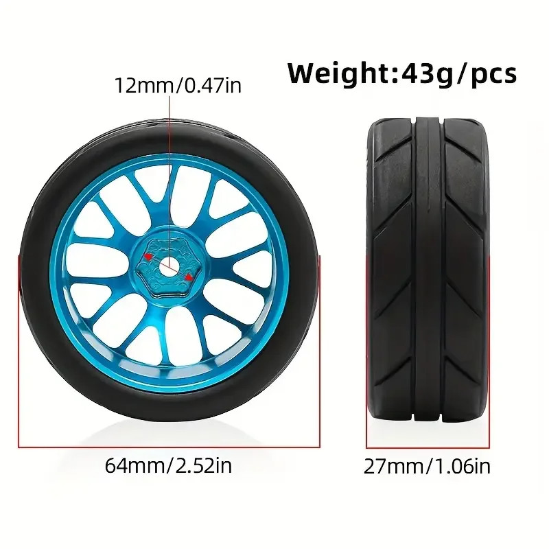 1/10 RC Racing Wheels & Tires Set - 12mm Hex Metal Rims for Tamiya TT01 ...