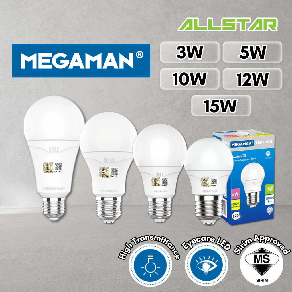 Megaman LED Bulb Light E27 Eye Care 3W 5W 10W 12W 15W Mentol Bulb Classic Energy Saving Lamp ...