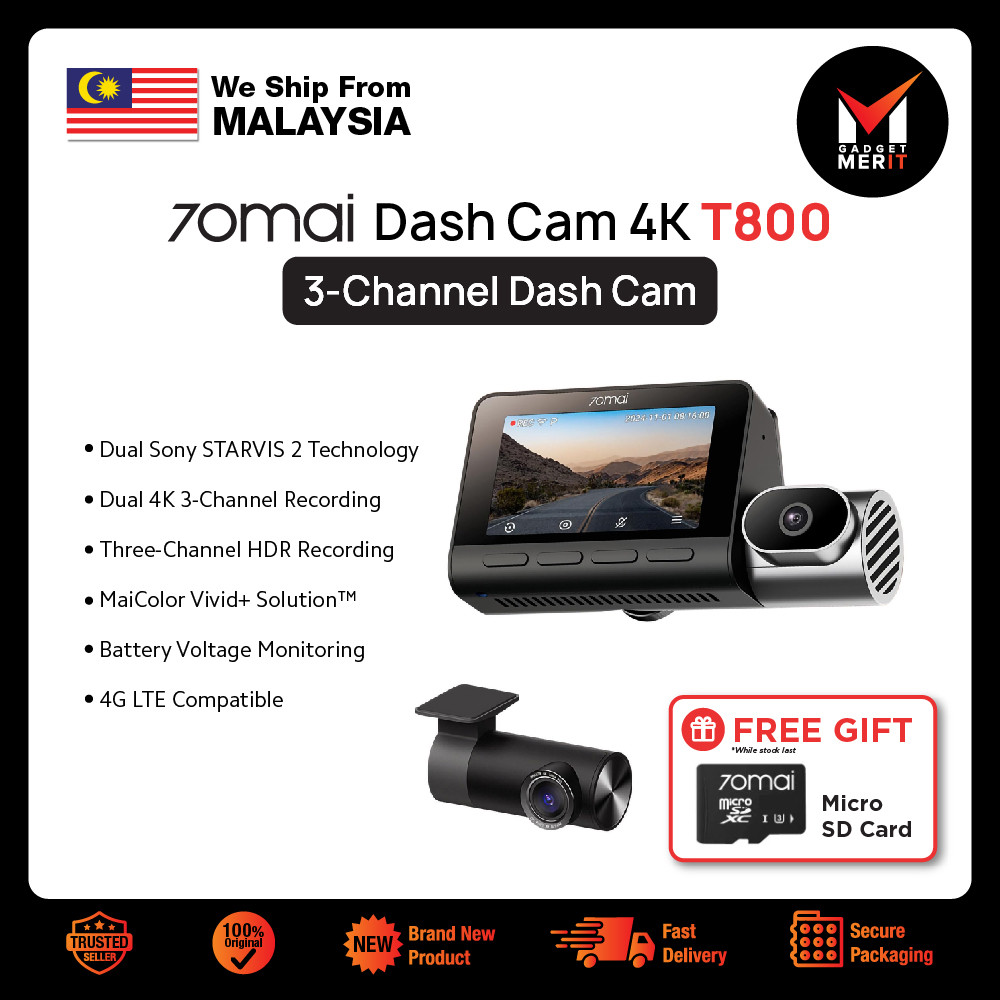 70mai Dash Cam 4K T800 | 4K 3-Channel Coverage | AI Motion Detection | Sony STARVIS 2 IMX678 ...