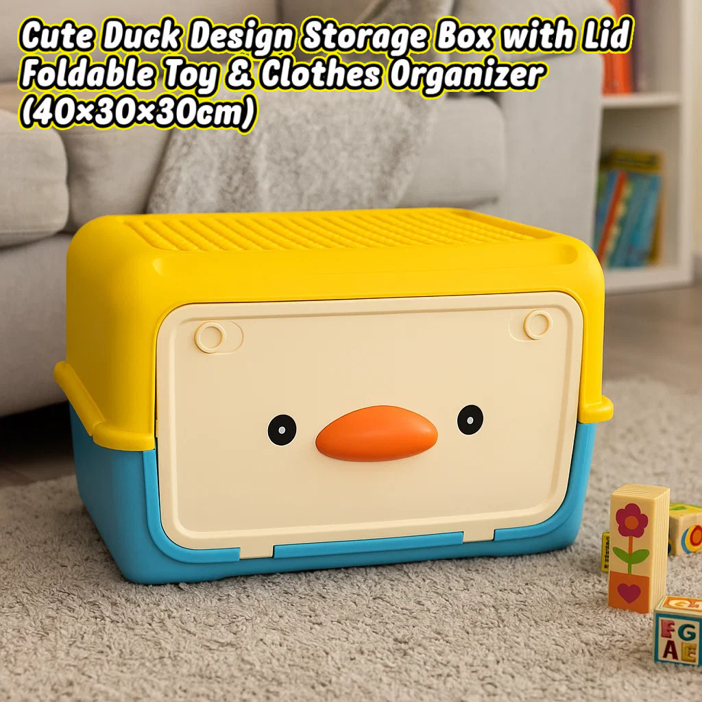 🟡 Cute Duck Design Storage Box with Lid – Foldable Toy & Clothes ...
