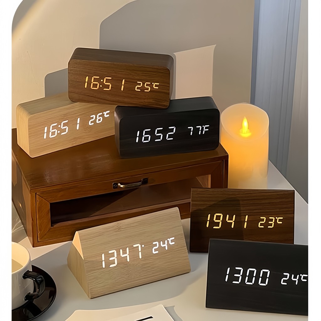 Wooden Digital Alarm Clock - Rechargeable, Silent, with Night Light ...