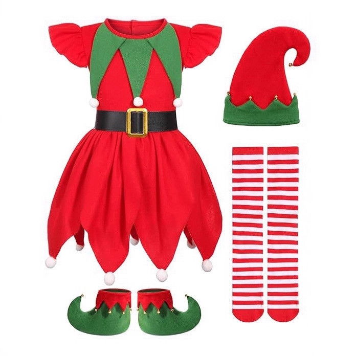 [Girls Christmas Costume] Red Elf Costume Suit Full Set Santa Assistant ...
