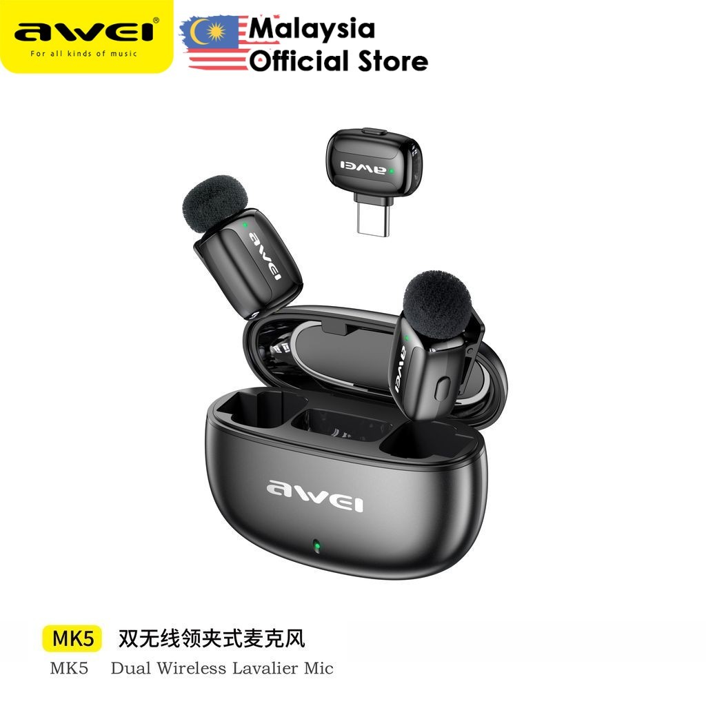 Awei MK5 Dual Wireless Lavalier Mic 3 Voice Charge Modes Wireless ...