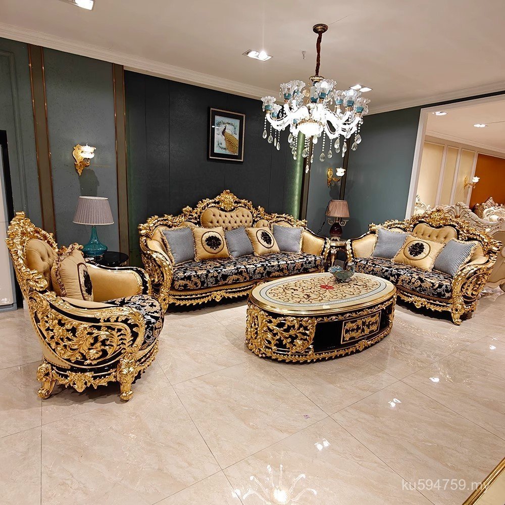 French Art Living Room Fabric Sofa Luxury Mansion Gold Foil Large ...