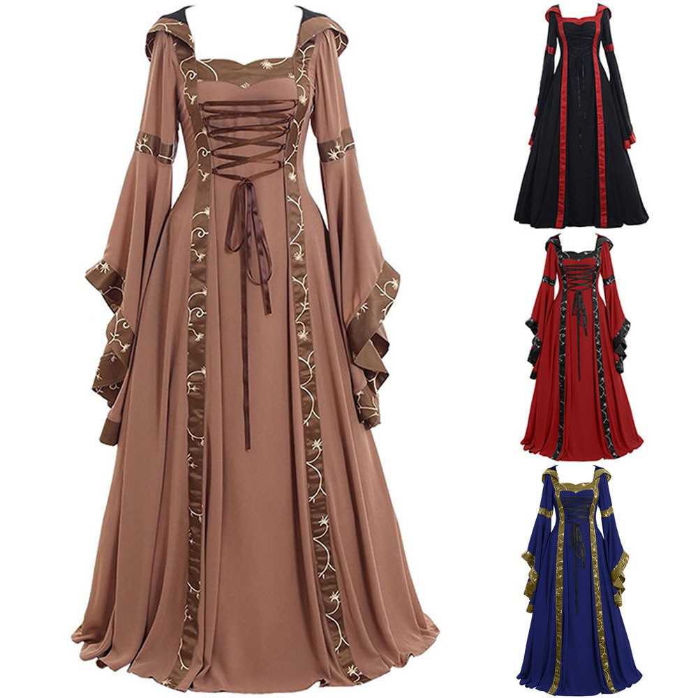 Medieval Retro Hooded Dress - Square Collar, Lace-Up, Flared Sleeves ...
