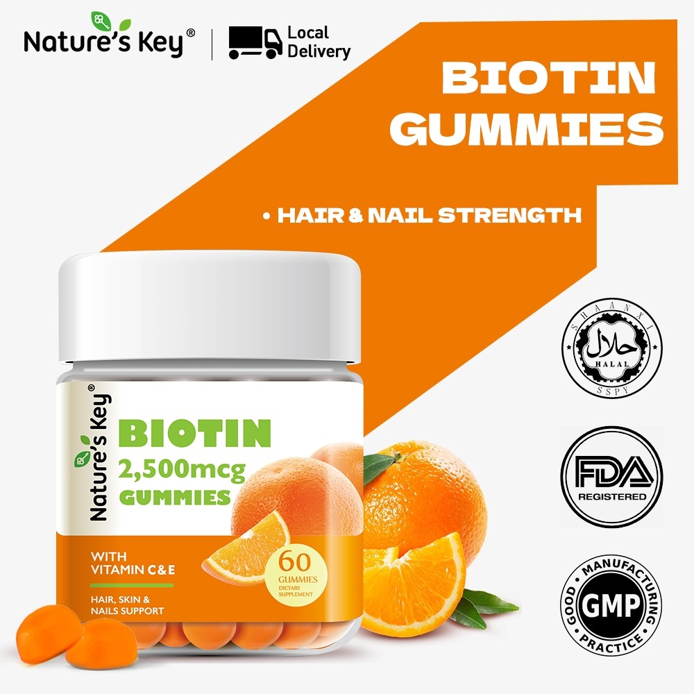 Nature's Key Vitamin C/E Biotin Gummies 2500mcg Biotin Hair Boost Skin ...