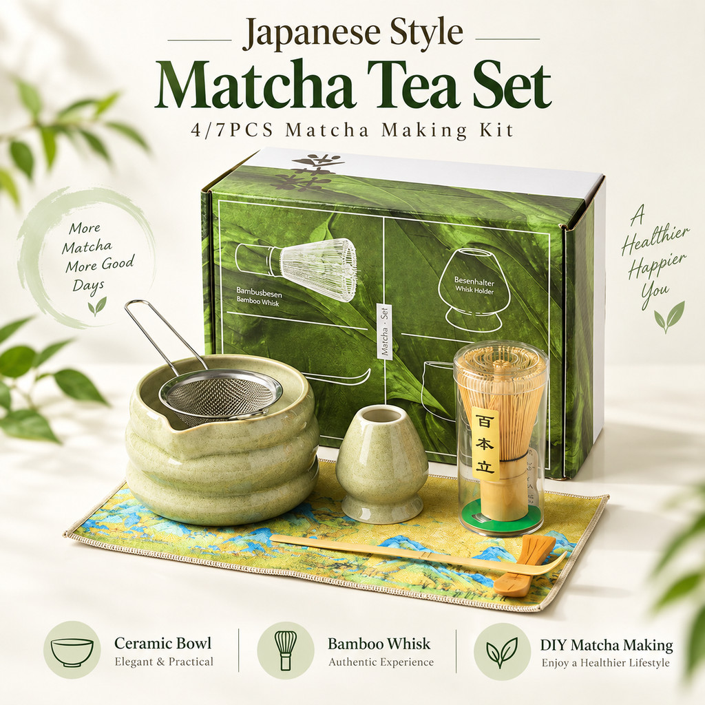 4/7Pcs Matcha Tea Set Japanese Style Bamboo Whisk Ceramic Bowl Chasen ...