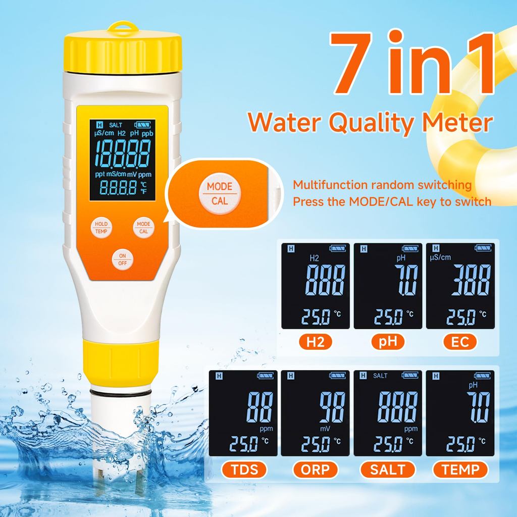 Hydrogen Water Tester, PH Meter 7-in-1 Digital Meter H2/TDS/EC/ORP/Salt ...