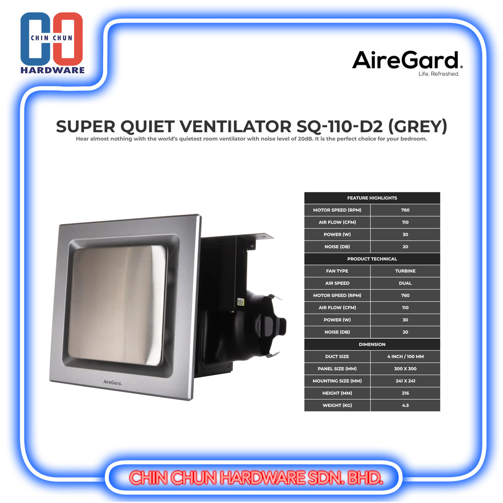 AireGard SUPER QUIET VENTILATOR [ 4" SQUARE] - GREY(SQ-110) | Shopee ...