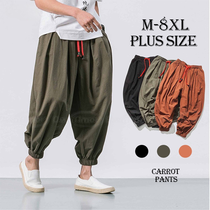【M-4XL】Men's Casual Pants Plus Size Linen Loose Carrot Wide Leg Hip-Hop ...
