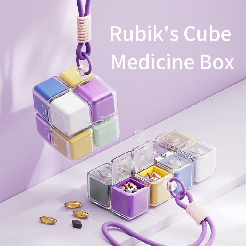 8 Grids Plastic Rubik's Cube Medicine Box with Hanging Rope Portable ...