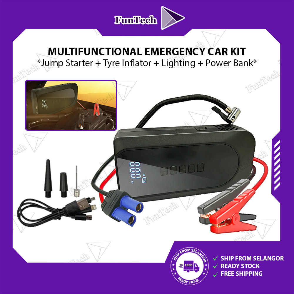 FunTech 4-in-1 12V Car Jump Starter Air Pump Power Bank Tire Inflator ...