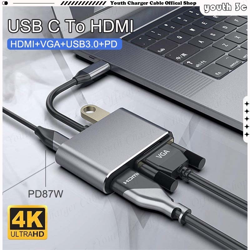 4 in 1 USB C HDMI Type C to HDMI 4K Adapter VGA USB3.0 Audio Video ...