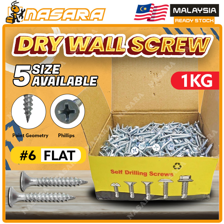 Nasara SEIKO 1 Box 6# White Drywall Screw Shank Flat Head Dry Wall ...