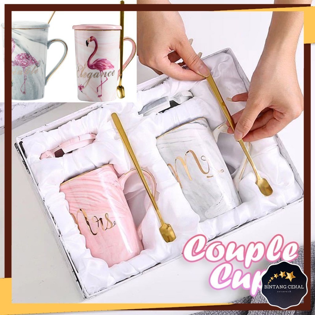 BC Ceramic Mug Printed Marble Couple 400ml Mr & Mrs Flamingo Design ...