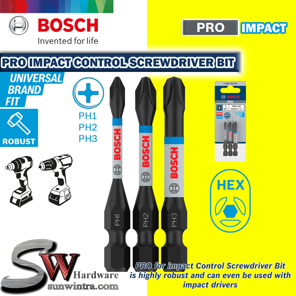 Bosch Impact Screwdriver Bit Set PRO Impact PH 1 PH 2 PH 3 with 1/4 ...