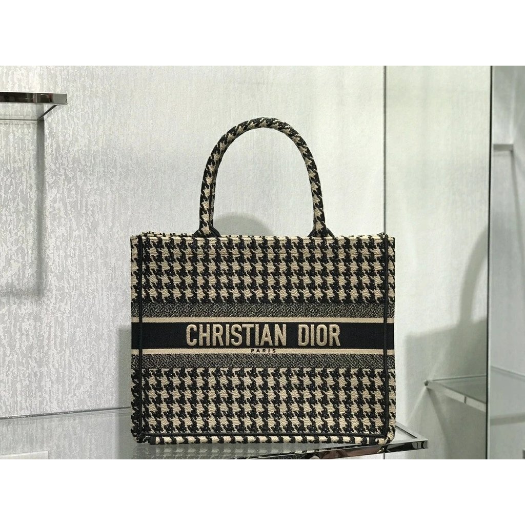 DIOR Beige Houndstooth Pattern Embroidery BOOK TOTE Handbag, Size: 36 ...
