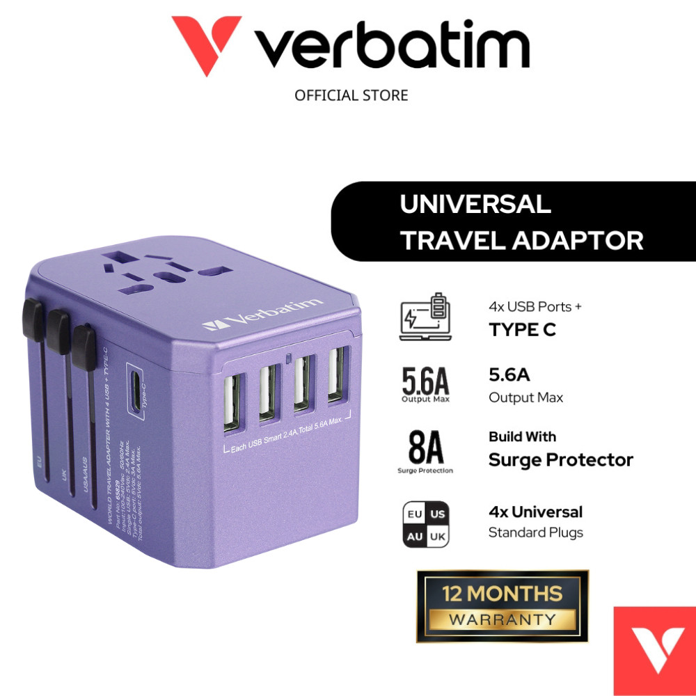 Verbatim 65829 Universal Travel Adaptor, 5 Ports Type-C & 4 USB Safety ...