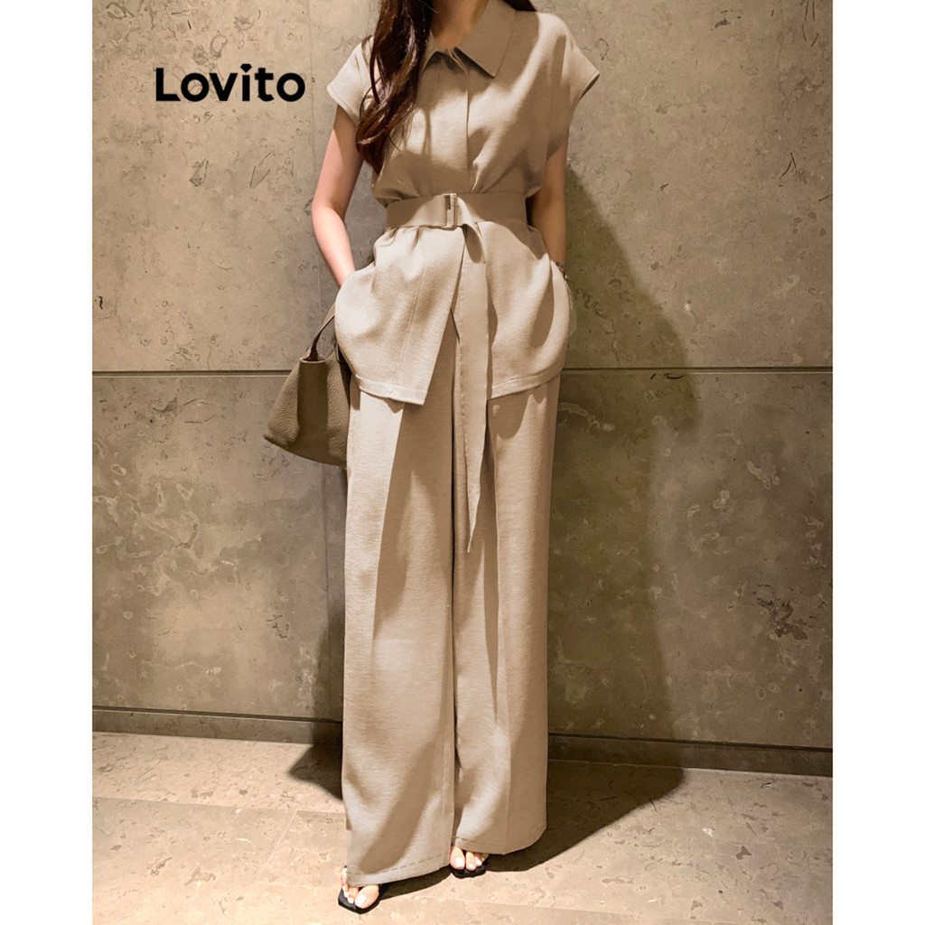 Lovito Casual Pants Sets Plain Belted Pants Sets for Women LNE66576 ...