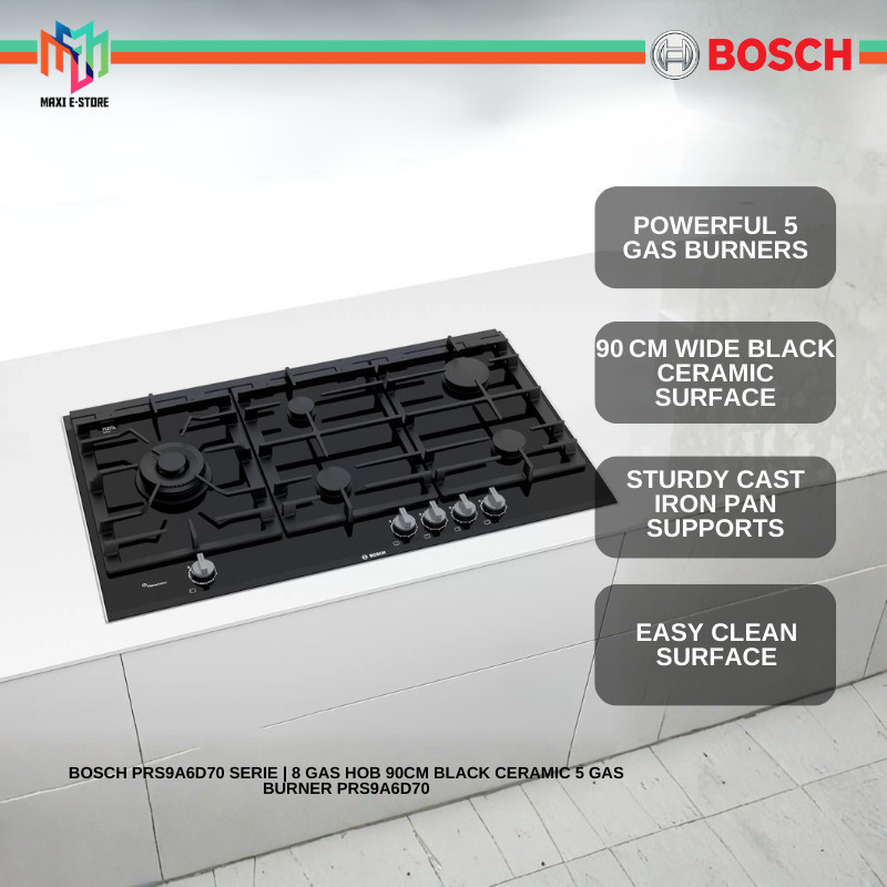 Bosch PRS9A6D70 Serie | 8 Gas Hob 90cm Black Ceramic 5 Gas Burner ...