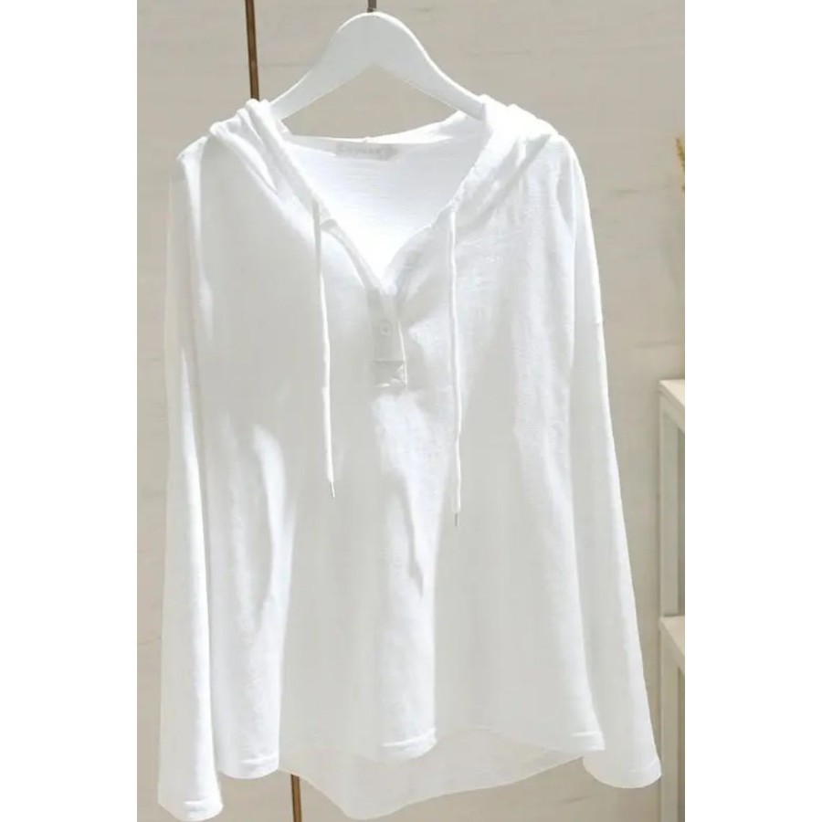 Cod White Pure Cotton Hooded Casual T-Shirt - Long Sleeve Loose Fit ...