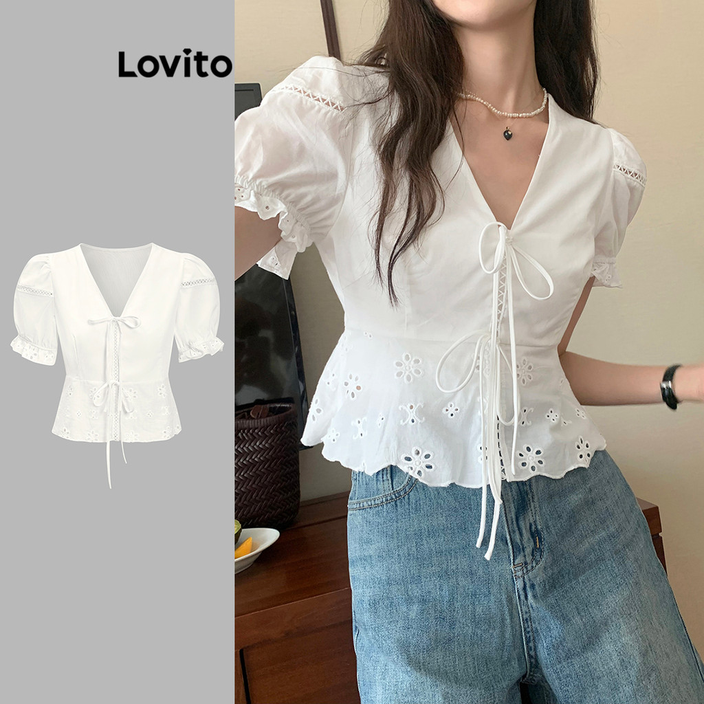 Lovito Boho Summer/Spring Blouse Eyelet Embroidery Lace Up Blouse for ...