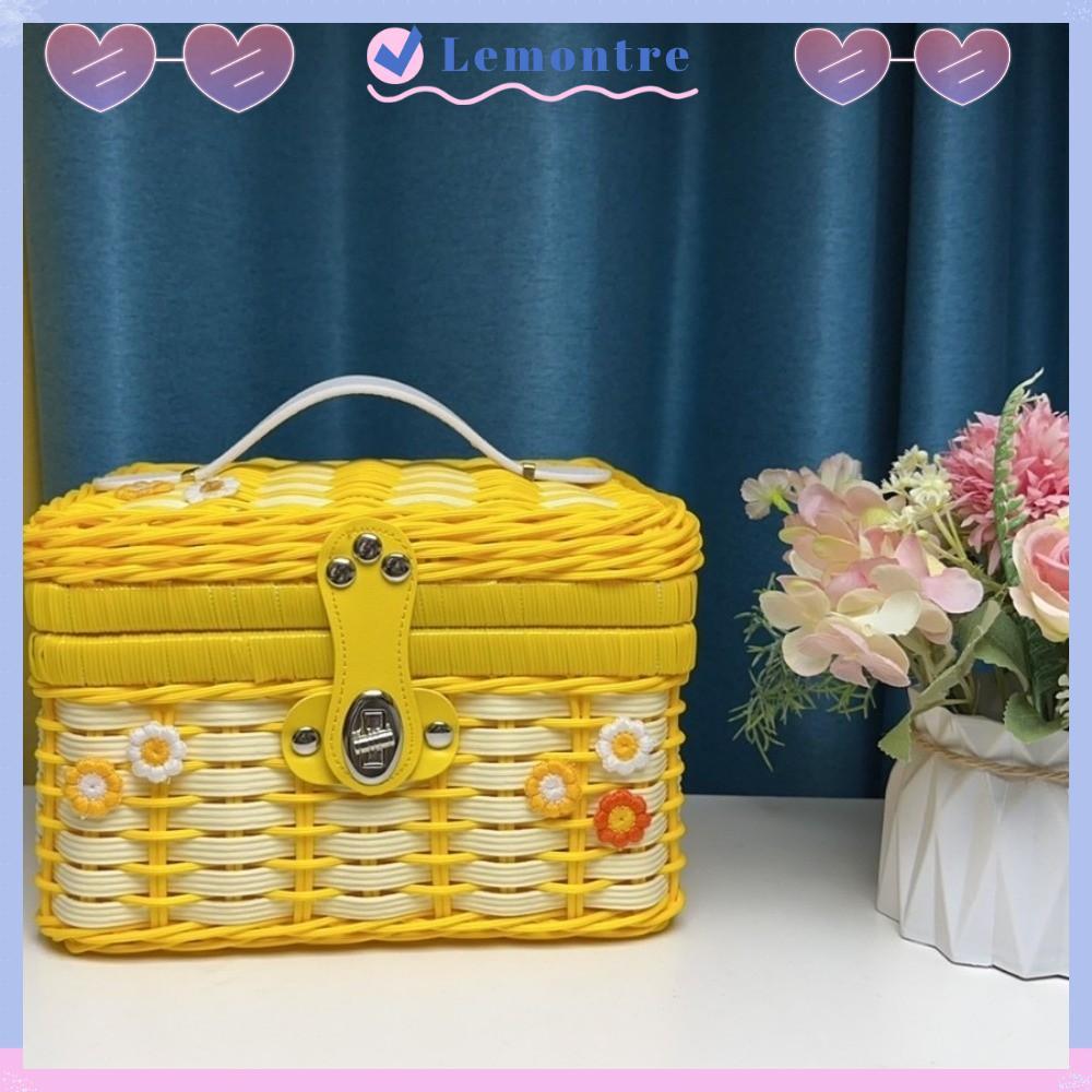 LEMONTRE Hand-held Basket, Rattan Woven with Lid Storage Basket ...