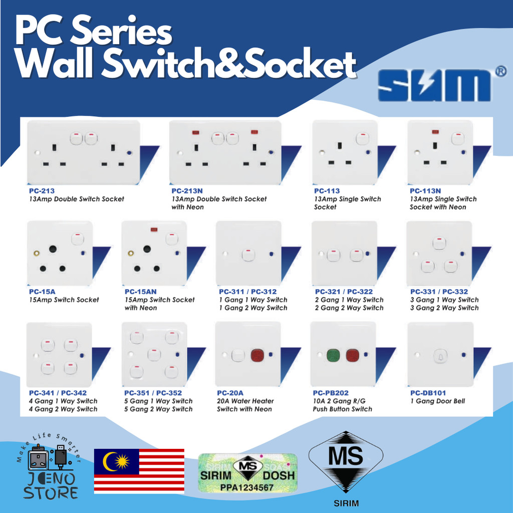 SIRIM SUM PC series Wall Switch & Sockets TV 13A Door Bell Fan Light ...