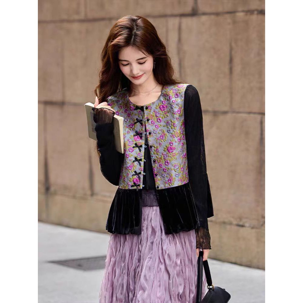 Purple Jacquard Stitching Velvet Retro Round Neck Vest - Women's Autumn ...