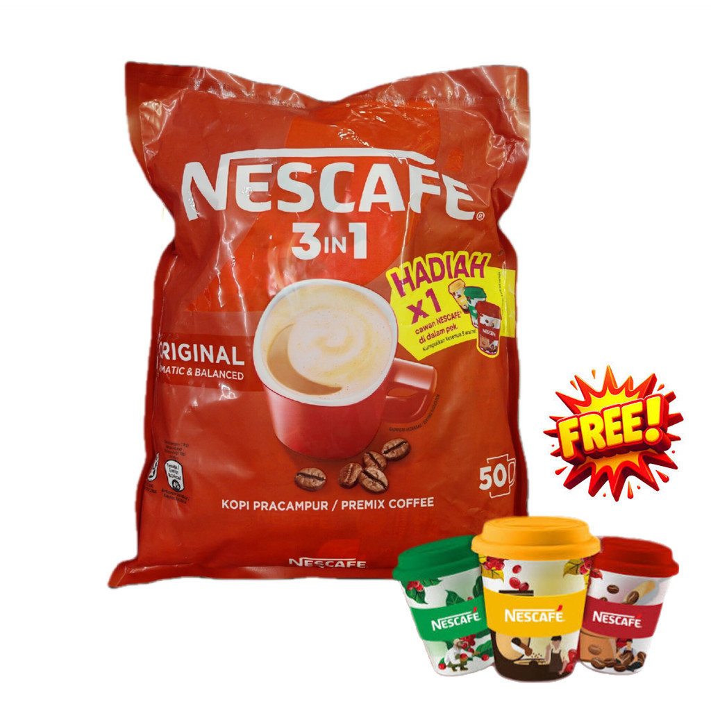 Nescafe 3in1 Original 18g x 50 Sticks (Free x 1 Cawan Random Warna Di ...