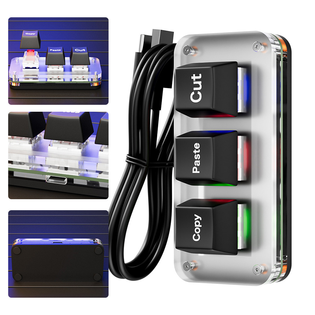 RGB Mini Cut Copy Paste Keyboard Hotswap 3-Key USB Type-C for Working ...